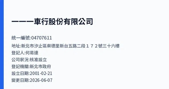 一一一車行股份有限公司的照片-統編 04707611(新北市) 公司登記資料與營業項目詳細圖表