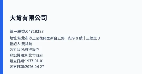 大肯有限公司的照片-統編 04719383(新北市) 公司登記資料與營業項目詳細圖表