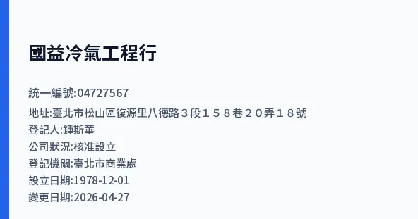 國益冷氣工程行的照片-統編 04727567(臺北市) 公司登記資料與營業項目詳細圖表