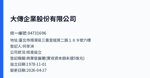 大傳企業股份有限公司的照片-統編 04731696(臺北市) 公司登記資料與營業項目詳細圖表