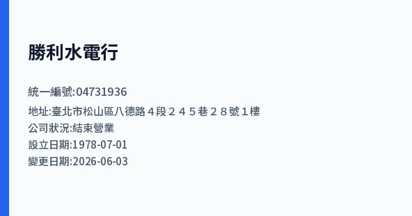 勝利水電行的照片-統編 04731936(臺北市) 公司登記資料與營業項目詳細圖表