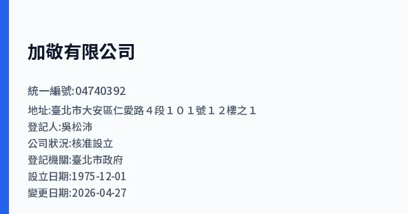 加敬有限公司的照片-統編 04740392(臺北市) 公司登記資料與營業項目詳細圖表