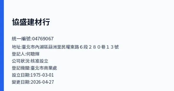 協盛建材行的照片-統編 04769067(臺北市) 公司登記資料與營業項目詳細圖表
