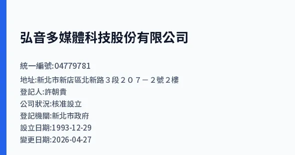 弘音多媒體科技股份有限公司的照片-統編 04779781(新北市) 公司登記資料與營業項目詳細圖表