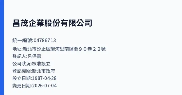 昌茂企業股份有限公司的照片-統編 04786713(新北市) 公司登記資料與營業項目詳細圖表