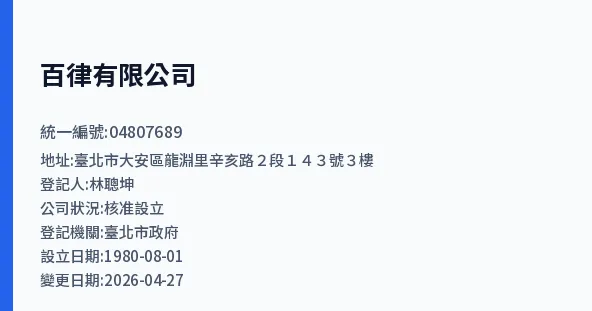 百律有限公司的照片-統編 04807689(臺北市) 公司登記資料與營業項目詳細圖表