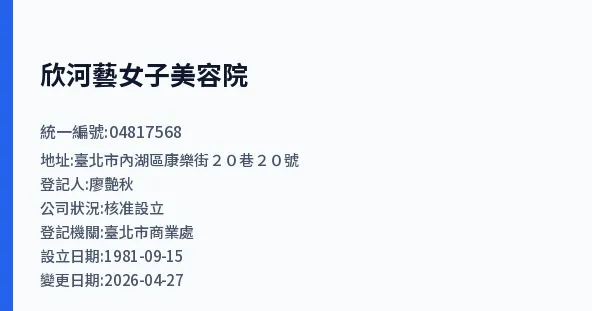 欣河藝女子美容院的照片-統編 04817568(臺北市) 公司登記資料與營業項目詳細圖表