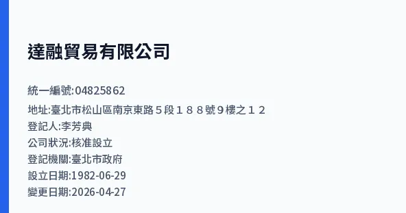 達融貿易有限公司的照片-統編 04825862(臺北市) 公司登記資料與營業項目詳細圖表