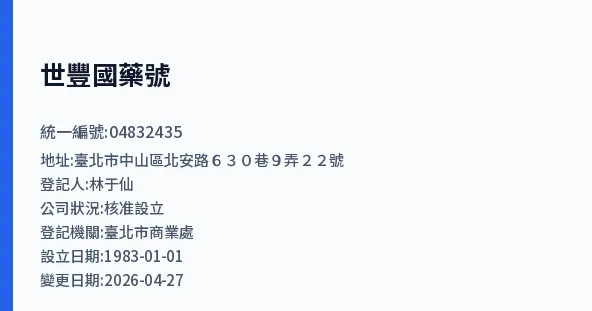 世豐國藥號的照片-統編 04832435(臺北市) 公司登記資料與營業項目詳細圖表