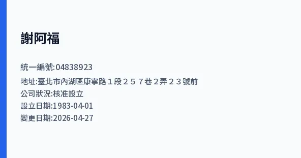 謝阿福的照片-統編 04838923(臺北市) 公司登記資料與營業項目詳細圖表
