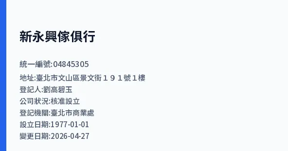 新永興傢俱行的照片-統編 04845305(臺北市) 公司登記資料與營業項目詳細圖表
