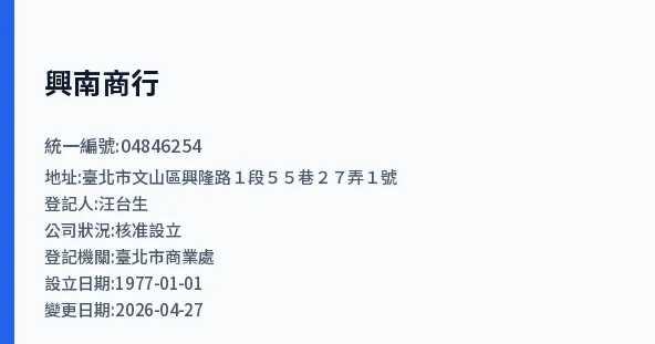 興南商行的照片-統編 04846254(臺北市) 公司登記資料與營業項目詳細圖表