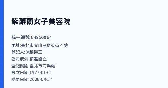 紫蘿蘭女子美容院的照片-統編 04856864(臺北市) 公司登記資料與營業項目詳細圖表