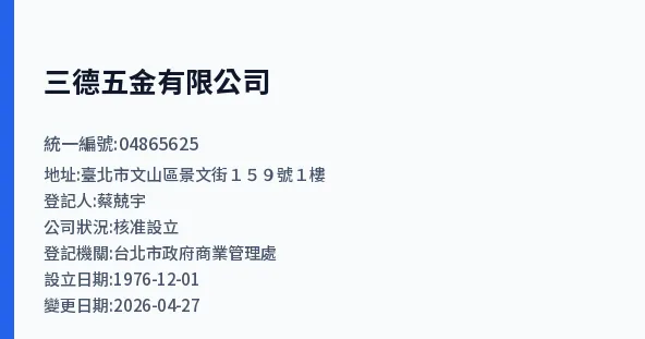 三德五金有限公司的照片-統編 04865625(臺北市) 公司登記資料與營業項目詳細圖表