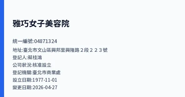 雅巧女子美容院的照片-統編 04871324(臺北市) 公司登記資料與營業項目詳細圖表
