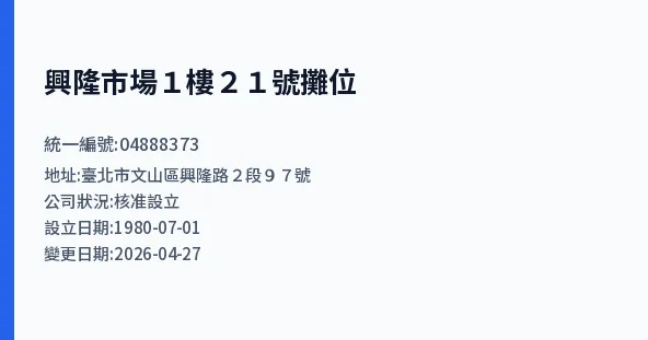 興隆市場1樓21號攤位的照片-統編 04888373(臺北市) 公司登記資料與營業項目詳細圖表