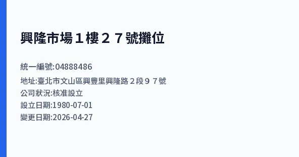 興隆市場1樓27號攤位的照片-統編 04888486(臺北市) 公司登記資料與營業項目詳細圖表