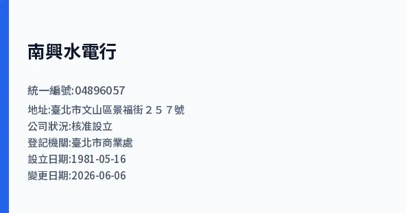 南興水電行的照片-統編 04896057(臺北市) 公司登記資料與營業項目詳細圖表