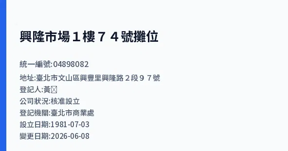 興隆市場1樓74號攤位的照片-統編 04898082(臺北市) 公司登記資料與營業項目詳細圖表