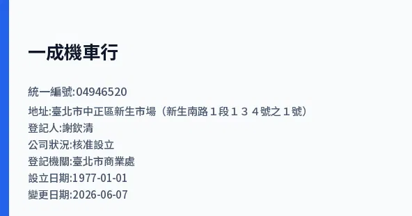 一成機車行的照片-統編 04946520(臺北市) 公司登記資料與營業項目詳細圖表