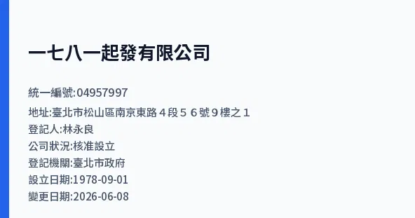 一七八一起發有限公司的照片-統編 04957997(臺北市) 公司登記資料與營業項目詳細圖表