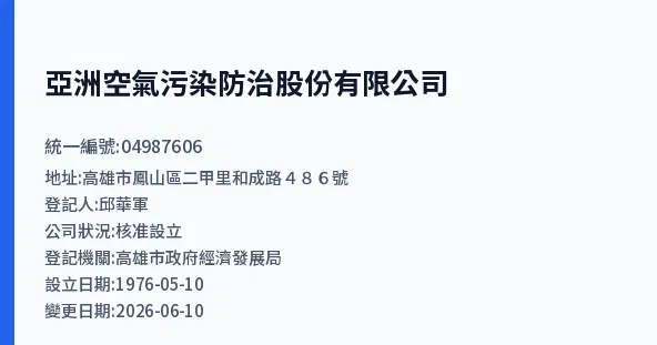 亞洲空氣污染防治股份有限公司的照片-統編 04987606(高雄市) 公司登記資料與營業項目詳細圖表