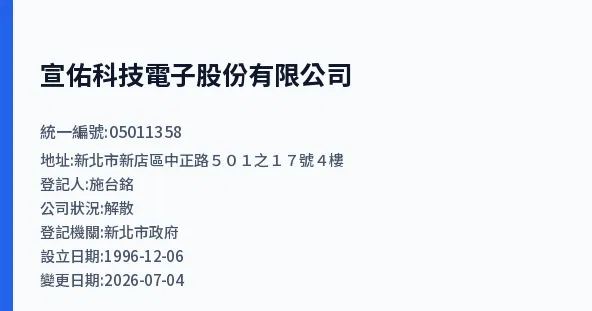 宣佑科技電子股份有限公司的照片-統編 05011358(新北市) 公司登記資料與營業項目詳細圖表