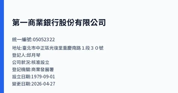 第一商業銀行股份有限公司的照片-統編 05052322(臺北市) 公司登記資料與營業項目詳細圖表