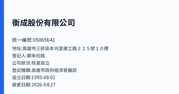 衡成股份有限公司的照片-統編 05065641(高雄市) 公司登記資料與營業項目詳細圖表