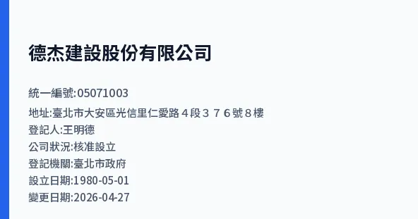 德杰建設股份有限公司的照片-統編 05071003(臺北市) 公司登記資料與營業項目詳細圖表