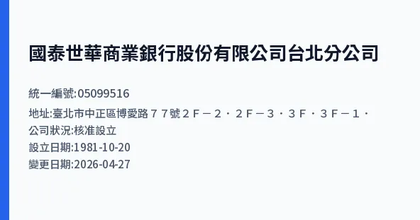 國泰世華商業銀行股份有限公司台北分公司的照片-統編 05099516(臺北市) 公司登記資料與營業項目詳細圖表