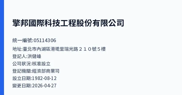 擎邦國際科技工程股份有限公司的照片-統編 05114306(臺北市) 公司登記資料與營業項目詳細圖表