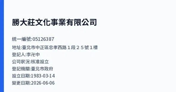 勝大莊文化事業有限公司的照片-統編 05126387(臺北市) 公司登記資料與營業項目詳細圖表
