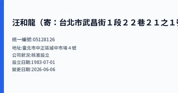 汪和龍(寄:台北市武昌街1段22巷21之1號)的照片-統編 05128126(臺北市) 公司登記資料與營業項目詳細圖表