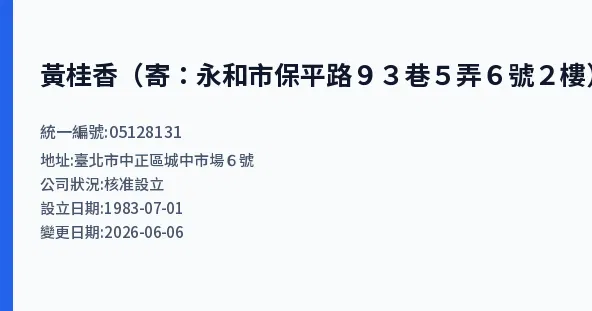 黃桂香(寄:永和市保平路93巷5弄6號2樓)的照片-統編 05128131(臺北市) 公司登記資料與營業項目詳細圖表