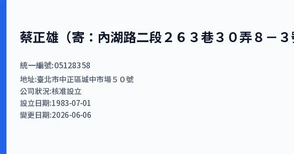 蔡正雄(寄:內湖路二段263巷30弄8-3號3樓的照片-統編 05128358(臺北市) 公司登記資料與營業項目詳細圖表