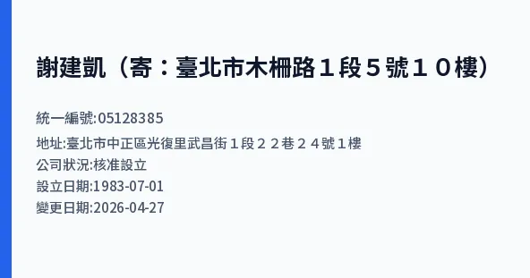 謝建凱(寄:臺北市木柵路1段5號10樓)的照片-統編 05128385(臺北市) 公司登記資料與營業項目詳細圖表