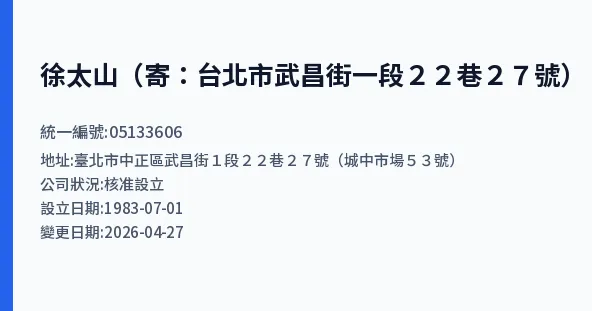 徐太山(寄:台北市武昌街一段22巷27號)的照片-統編 05133606(臺北市) 公司登記資料與營業項目詳細圖表
