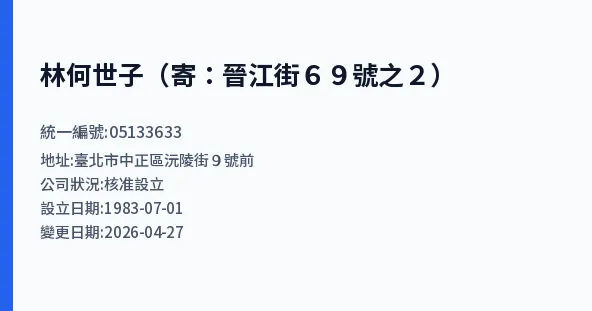 林何世子(寄:晉江街69號之2)的照片-統編 05133633(臺北市) 公司登記資料與營業項目詳細圖表