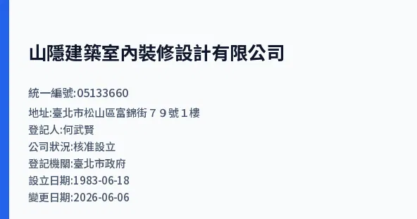 山隱建築室內裝修設計有限公司的照片-統編 05133660(臺北市) 公司登記資料與營業項目詳細圖表
