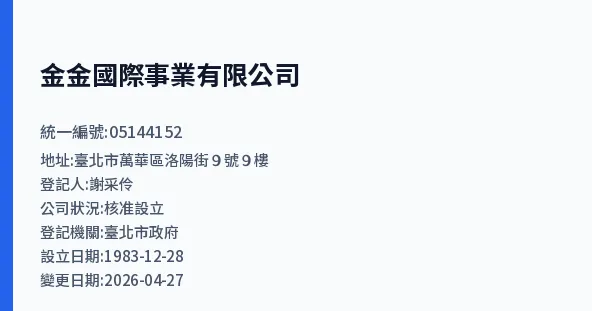 金金國際事業有限公司的照片-統編 05144152(臺北市) 公司登記資料與營業項目詳細圖表