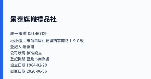 景泰旗幟禮品社的照片-統編 05146709(臺北市) 公司登記資料與營業項目詳細圖表