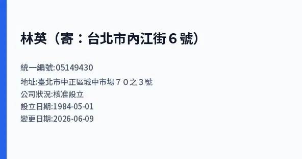 林英(寄:台北市內江街6號)的照片-統編 05149430(臺北市) 公司登記資料與營業項目詳細圖表
