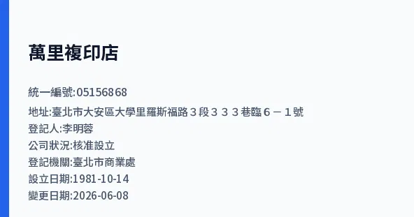 萬里複印店的照片-統編 05156868(臺北市) 公司登記資料與營業項目詳細圖表