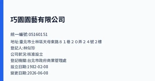 巧園園藝有限公司的照片-統編 05160151(臺北市) 公司登記資料與營業項目詳細圖表
