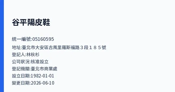谷平陽皮鞋的照片-統編 05160595(臺北市) 公司登記資料與營業項目詳細圖表