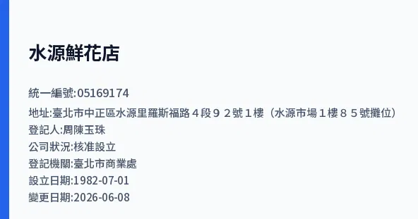 水源鮮花店的照片-統編 05169174(臺北市) 公司登記資料與營業項目詳細圖表
