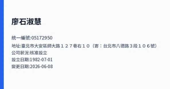 廖石淑慧的照片-統編 05172950(臺北市) 公司登記資料與營業項目詳細圖表