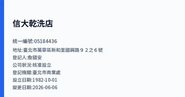 信大乾洗店的照片-統編 05184436(臺北市) 公司登記資料與營業項目詳細圖表
