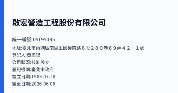 啟宏營造工程股份有限公司的照片-統編 05195095(臺北市) 公司登記資料與營業項目詳細圖表